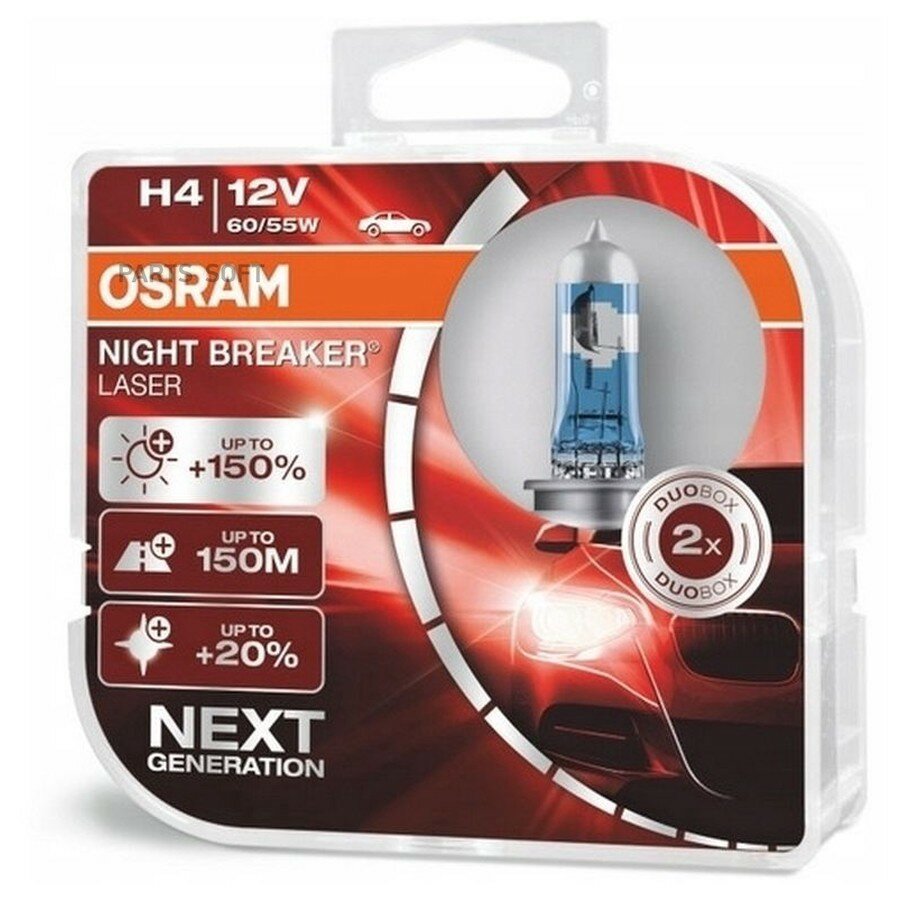 Комплект ламп H4 12V 60/55W P43t NIGHT BREAKER LASER +150% больше света 2шт.(1к-т) от официального дистрибьютора, OSRAM, артикул 64193NLHCB