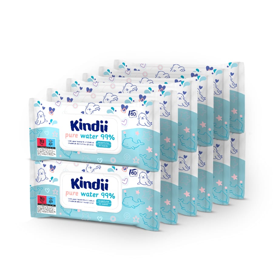 Влажные салфетки Kindii Pure Water 99%, 12x60 шт, белый