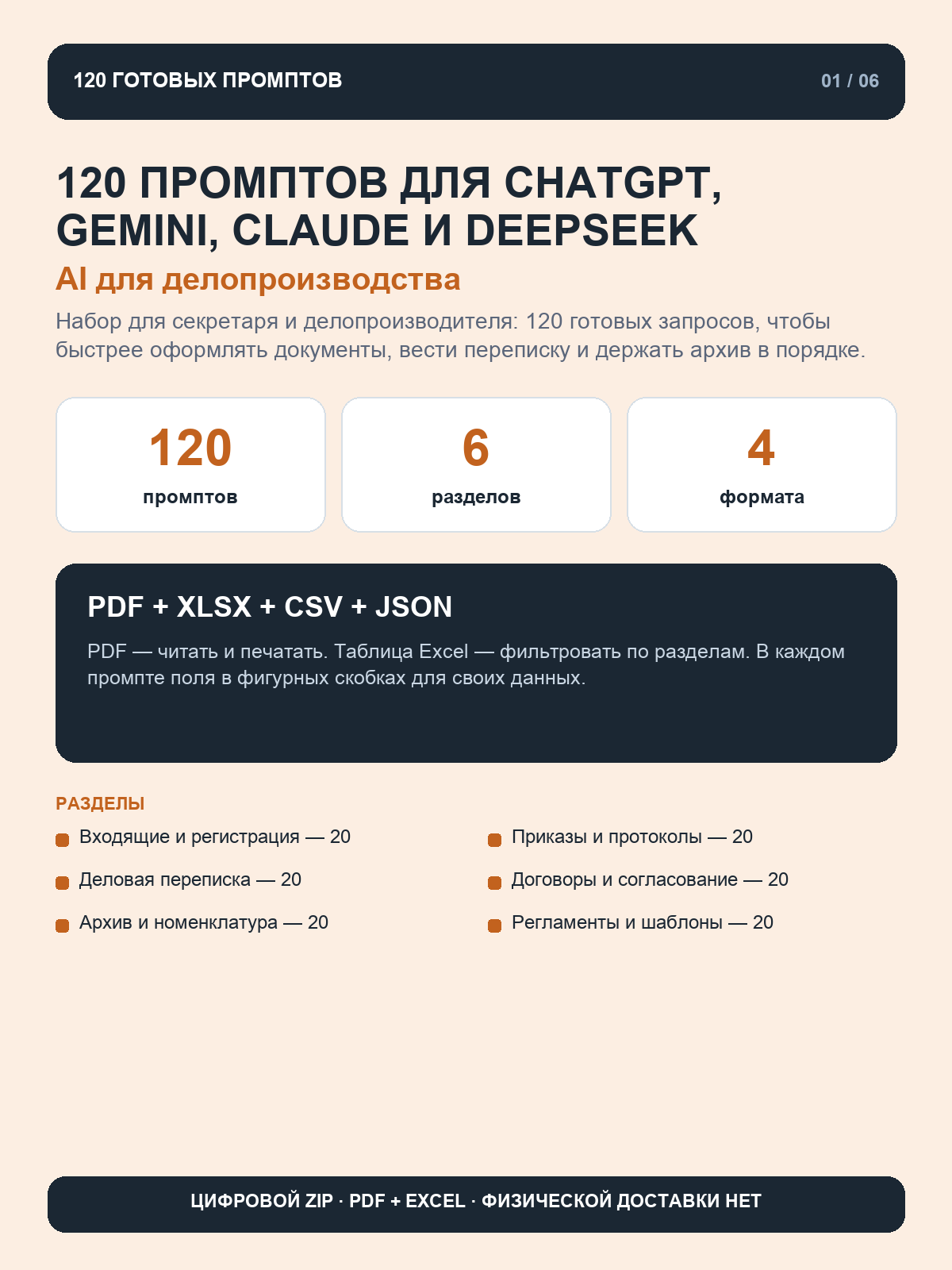 AI для делопроизводства: 120 промптов для ChatGPT, Gemini, Claude и DeepSeek, цифровой ZIP PDF и Excel