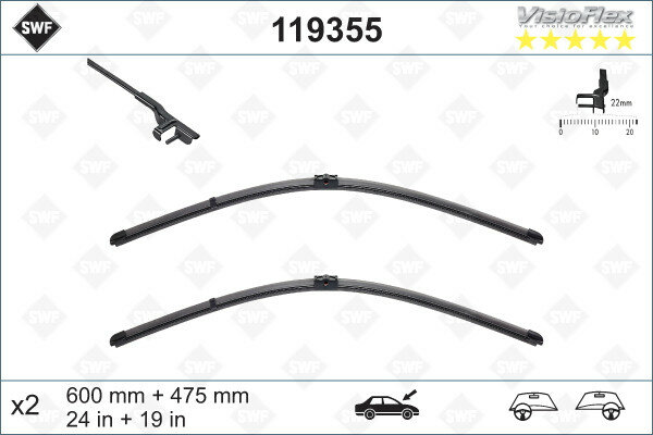 Щетки стеклоочистителя бескаркасные AUDI: A3 (2003>2008) 1.6FSi, 1.6i, 1.9TDi, 2.0FSi, 2.0TDi, 3.2i/SKODA: Octavia (2004>2008) 1.4i, 1.6FSi, 1.6i, 1.8TFSi, 1.9TDi, 2.0FSi, 2.0TDi, 2.0TFSi SWF 119355