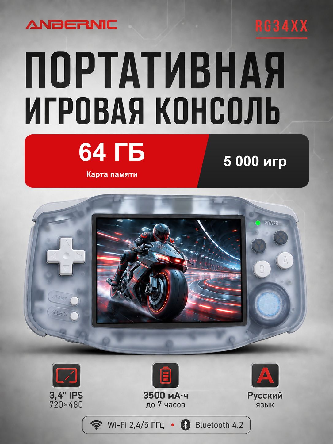 ANBERNIC Портативная ретроигровая консоль RG34XX, Linux, IPS-экран 3,4 , ТВ-выход, ледниковый синий, карты памяти 64 ГБ