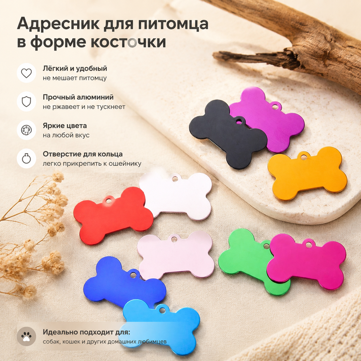 10 шт. алюминиевых подвесок для животных, штампованных пустых бирок в виде костей, разноцветных 25x38x1 мм