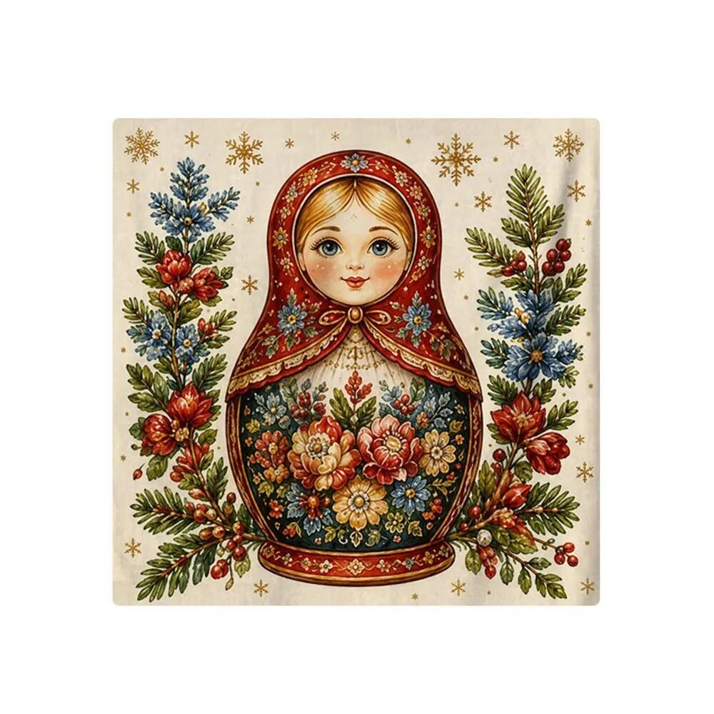 Подушка декоративная новогодняя с изображением лошадей и саней бежевая 40x40 см 1 шт.