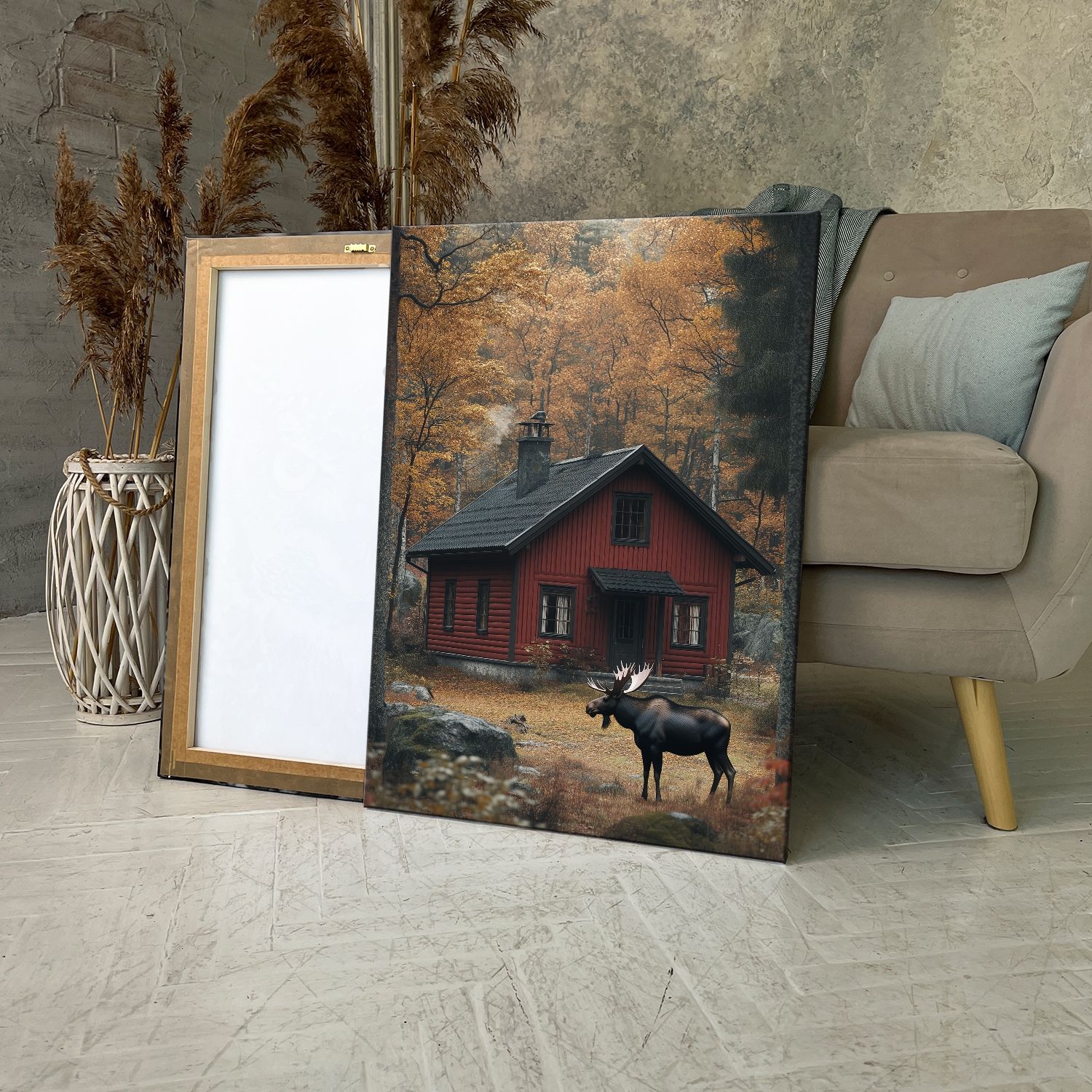 Картина на холсте (дом, лес, лось, осень, природа, дерево, коттедж) 40x60 см. Интерьерная на стену. Украшение в комнату. В подарок.