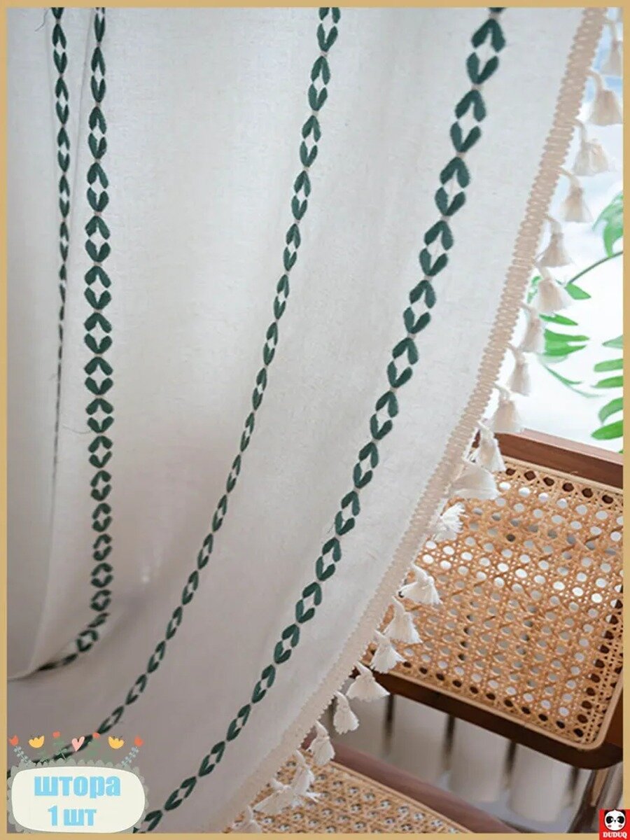 Штора 132х244 см, кулиска, белая с зеленым тканым узором, 1 шт