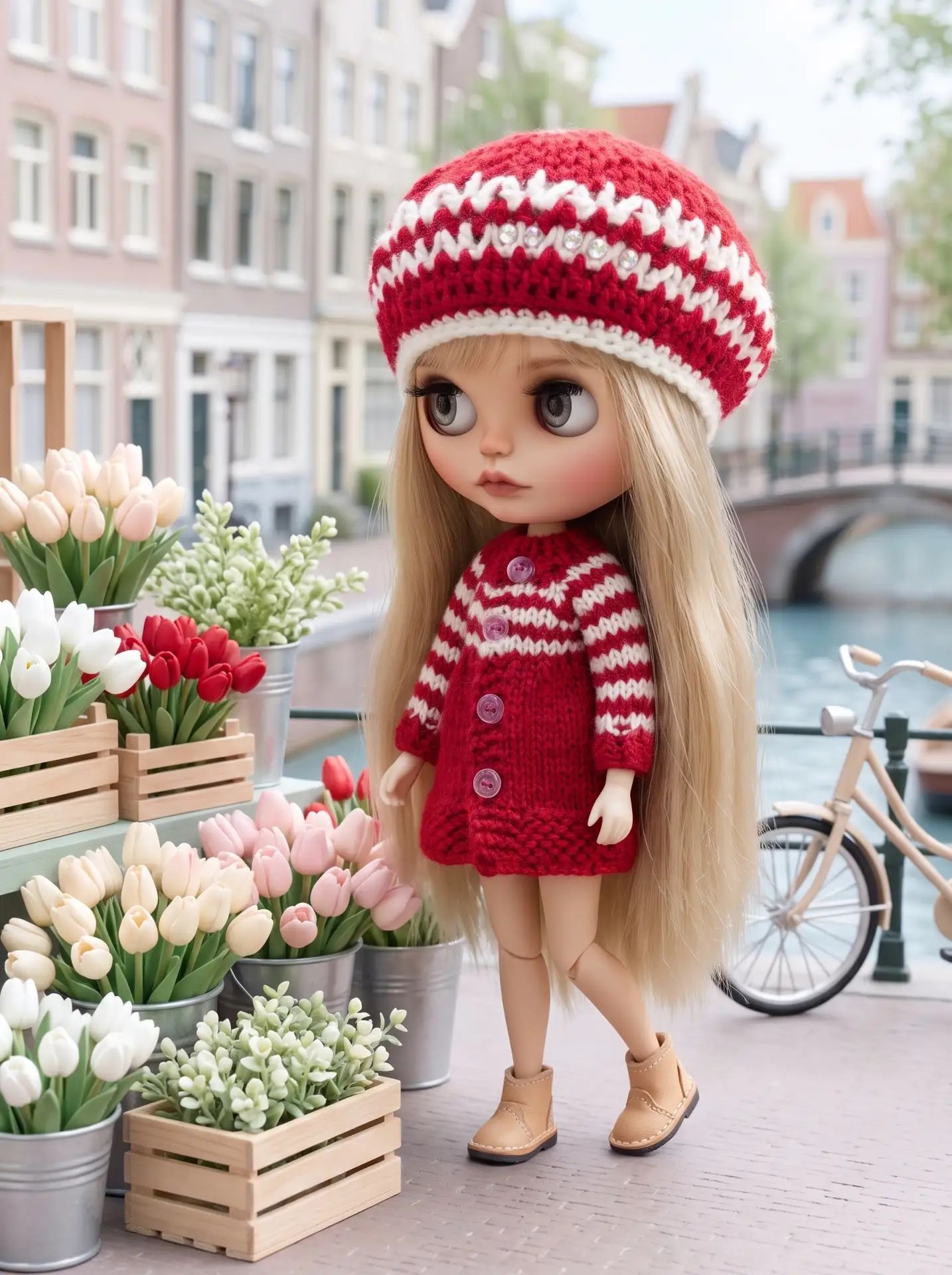 Вязаное свитер-платье и шапка для куклы Блайз Blythe или пупса