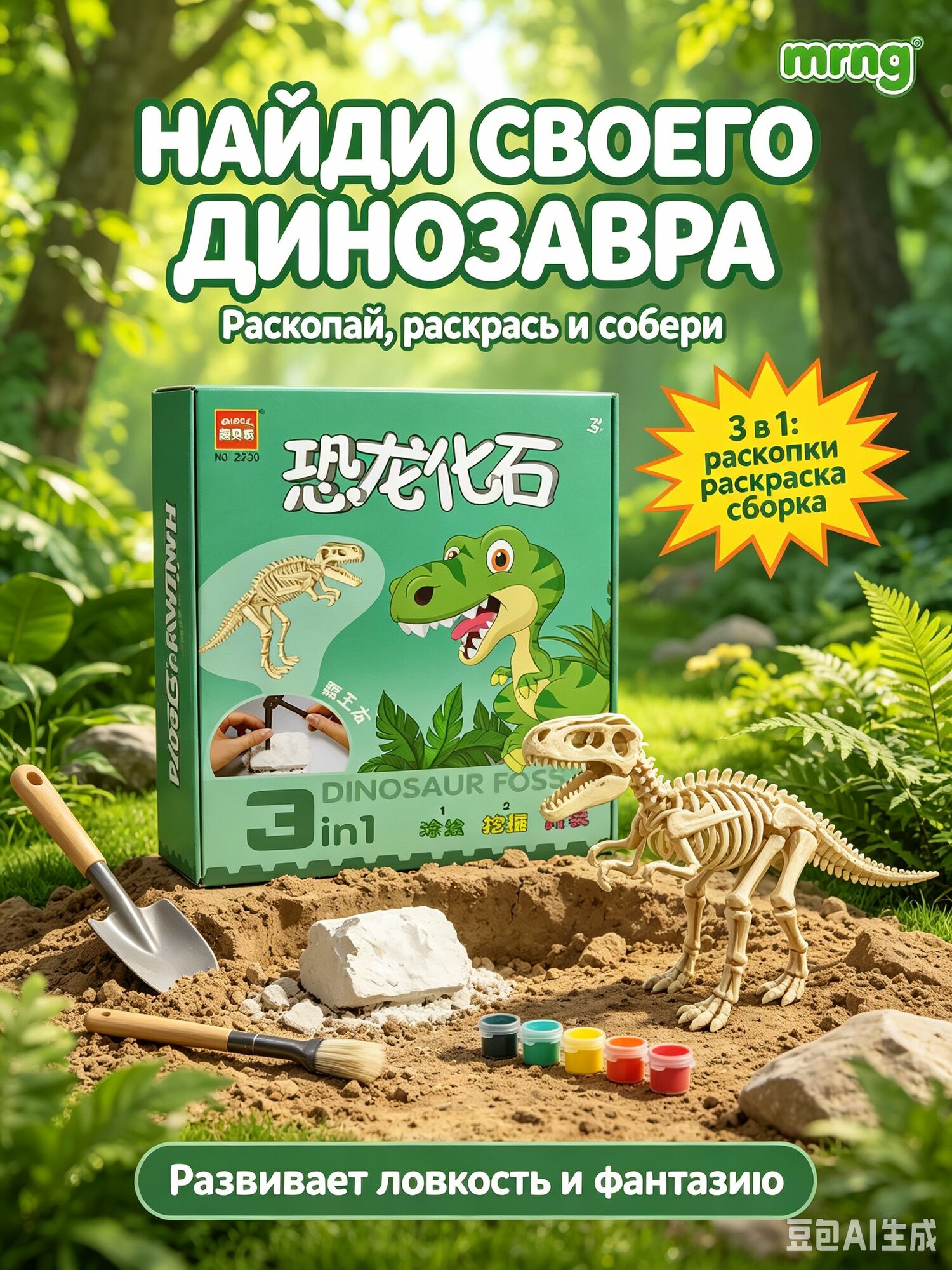 Игровой набор для раскопок динозавра 3 в 1, раскопай собери и раскрась скелет тираннозавра, развивающая игрушка для детей-Желтый Красивый цвет U545
