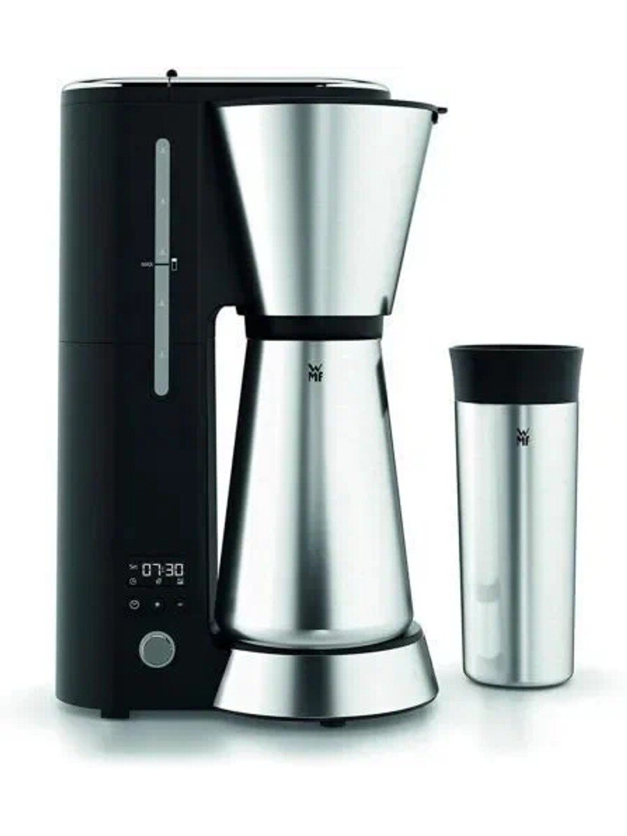 Капельная кофеварка KITCHENminis AROMA Thermo To Go L, серебристо-белая, с термокружкой