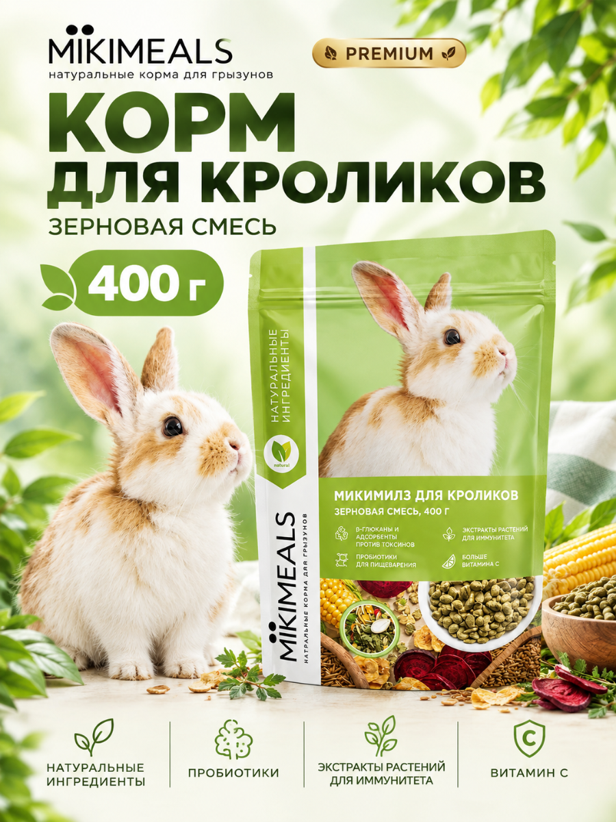 Корм для кроликов декоративных премиум 400 г Mikimeals полнорационный зерновая смесь с овощами, фруктами