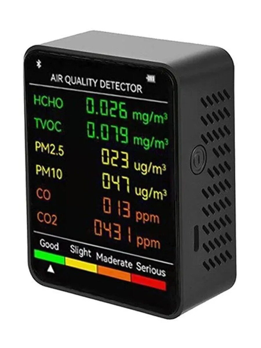 Монитор качества воздуха 6 в 1, детектор CO2 CO PM2.5 PM10 HCHO TVOC с цветным ЖК-экраном, встроенным аккумулятором 1200