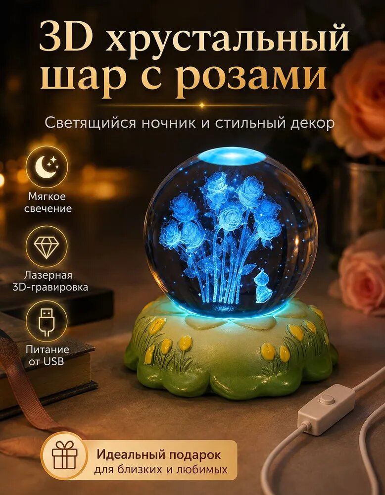 Шар из 3D-роза хрусталя, USB-ночник