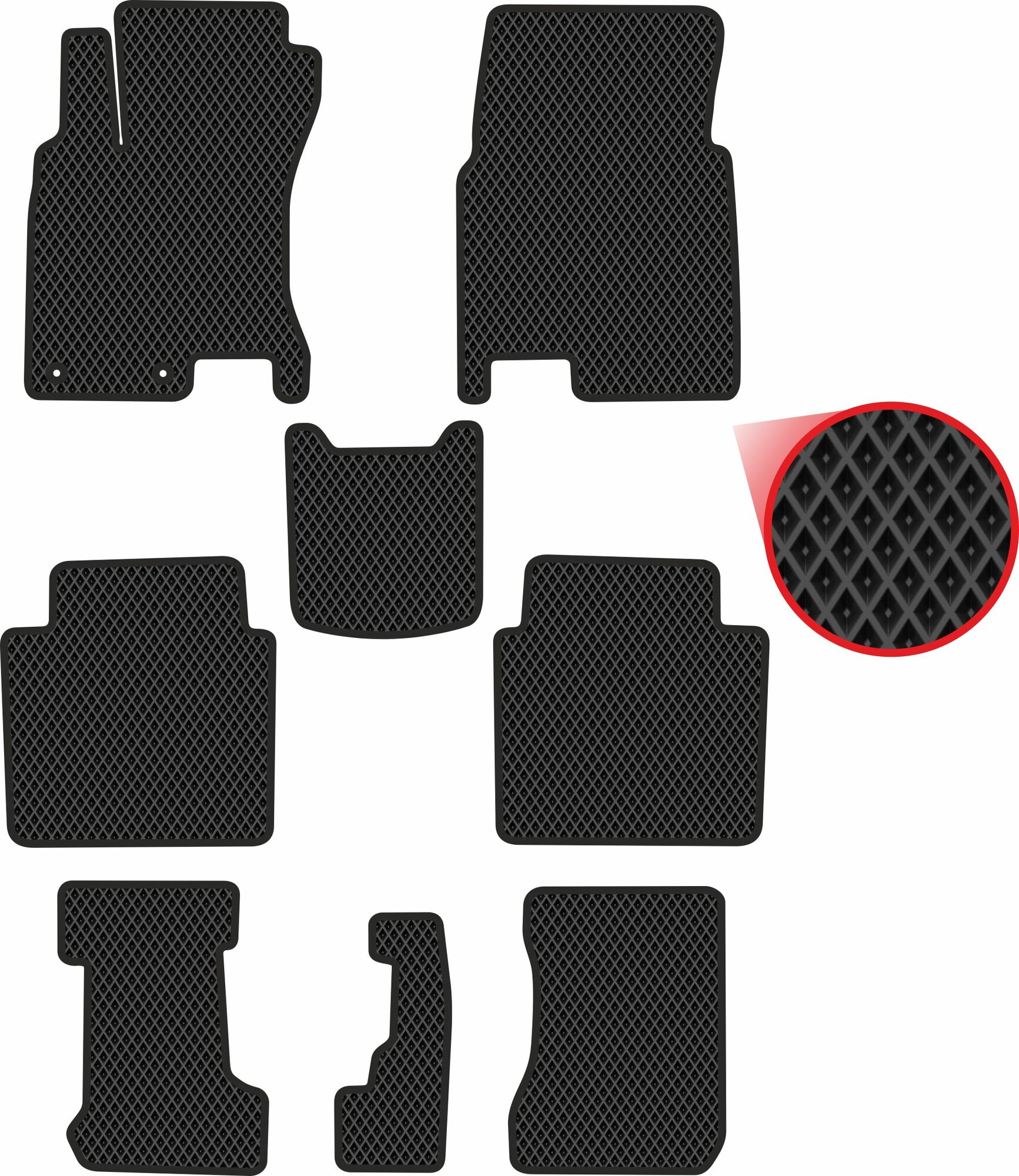 Автомобильные коврики EVA для Nissan Qashqai I 2+ 3 ряда (2008-2013) , чёрные с чёрным кантом, ячейка - ромб