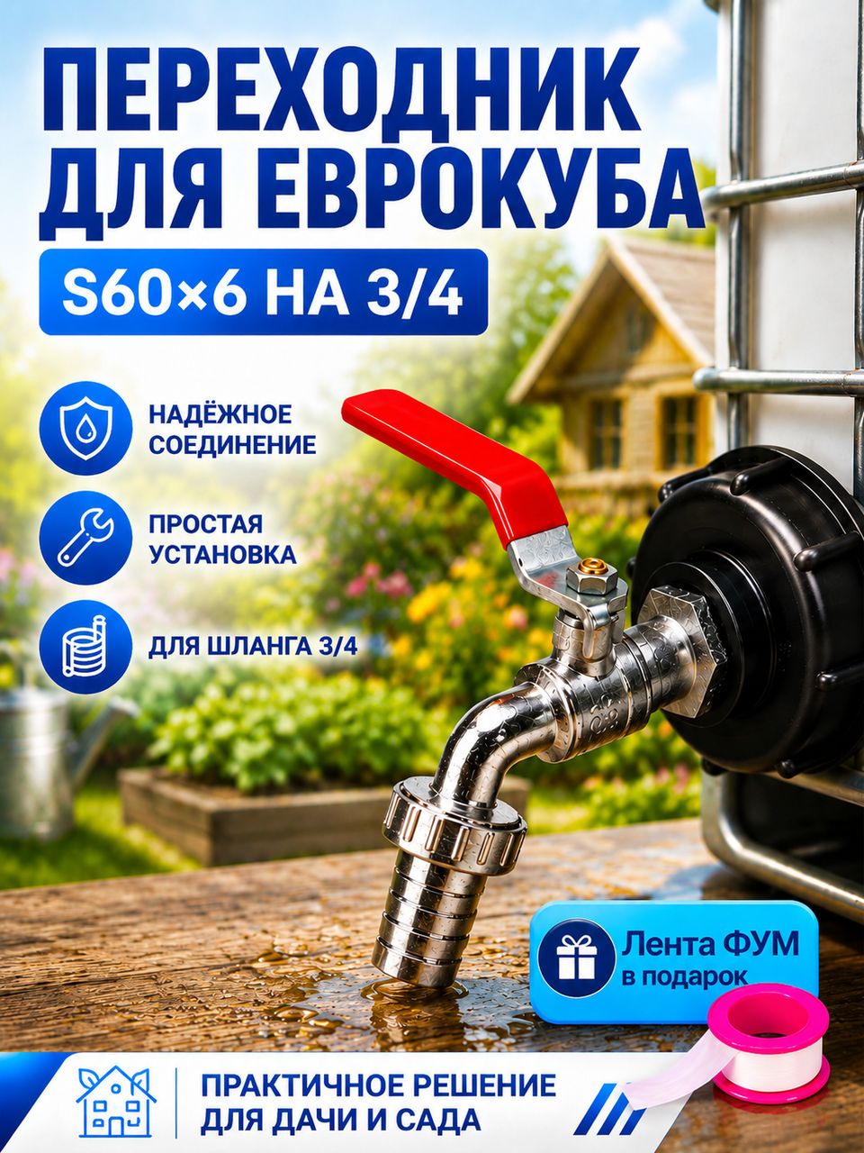 Переходник на еврокуб 3/4 с краном, быстросъёмным адаптером и фум-лентой / фитинг для садового шланга / IBC-бак