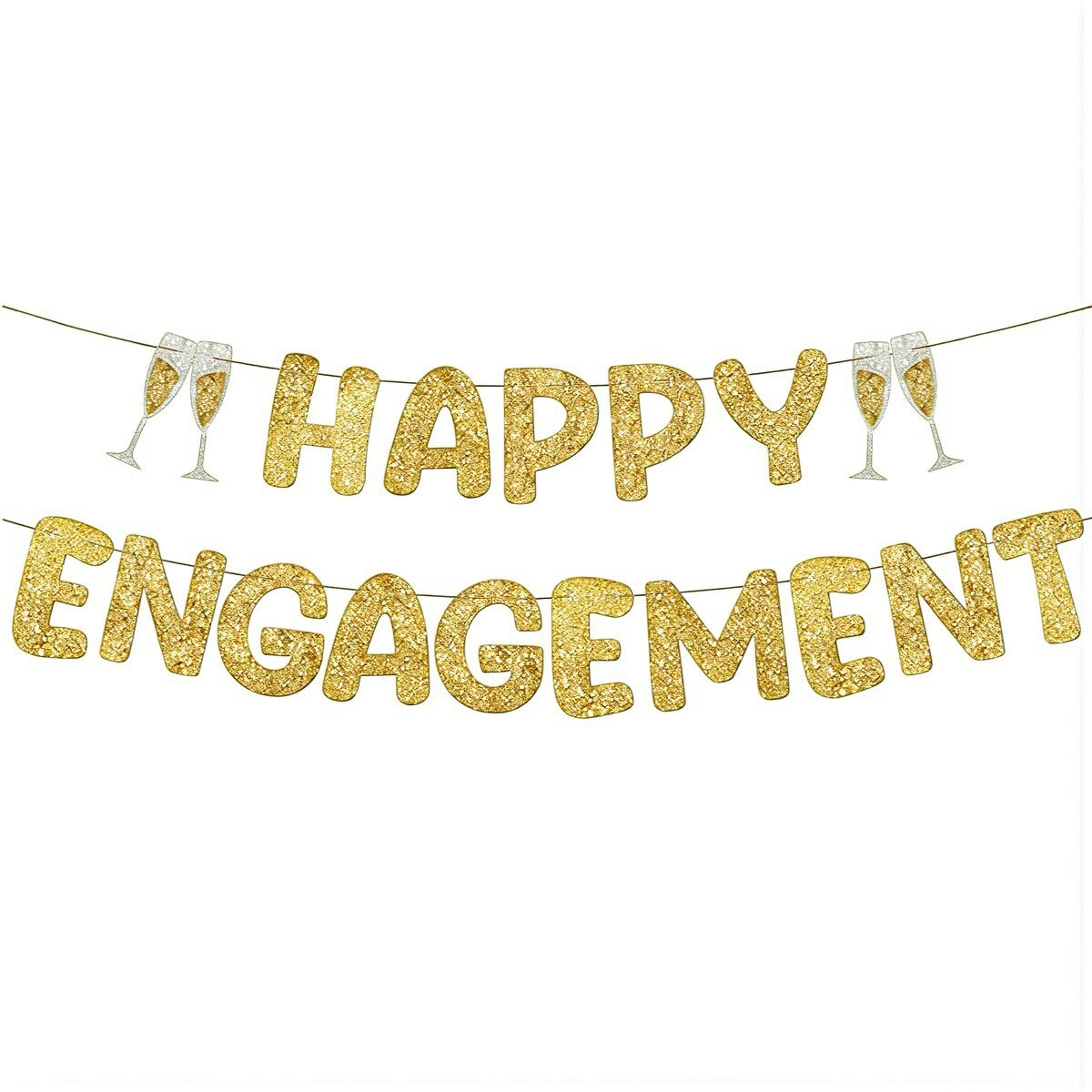 Баннер с надписью Happy Engagement черный глиттер, пред нанизанный на шнурок длина 2.2 метра для украшения помолвочной вечеринки, Золотой