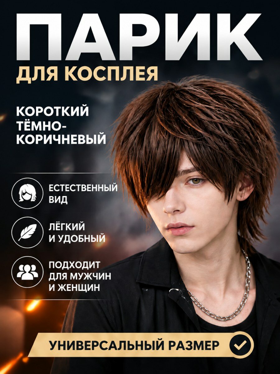 Парик для косплея мужской короткий темно-коричневый из искусственных волос с загнутыми концами