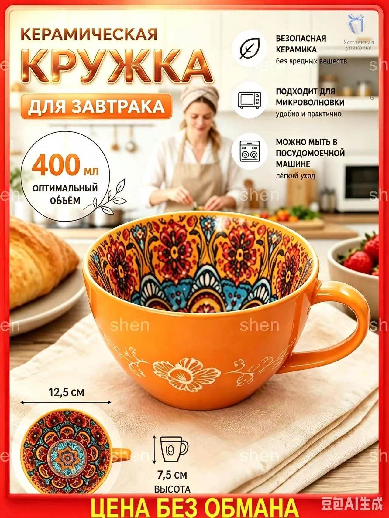Чашка 400 мл 1 шт, Артикул: 5667336878, Цвет: Оранжевый, Размеры, мм: 125*75