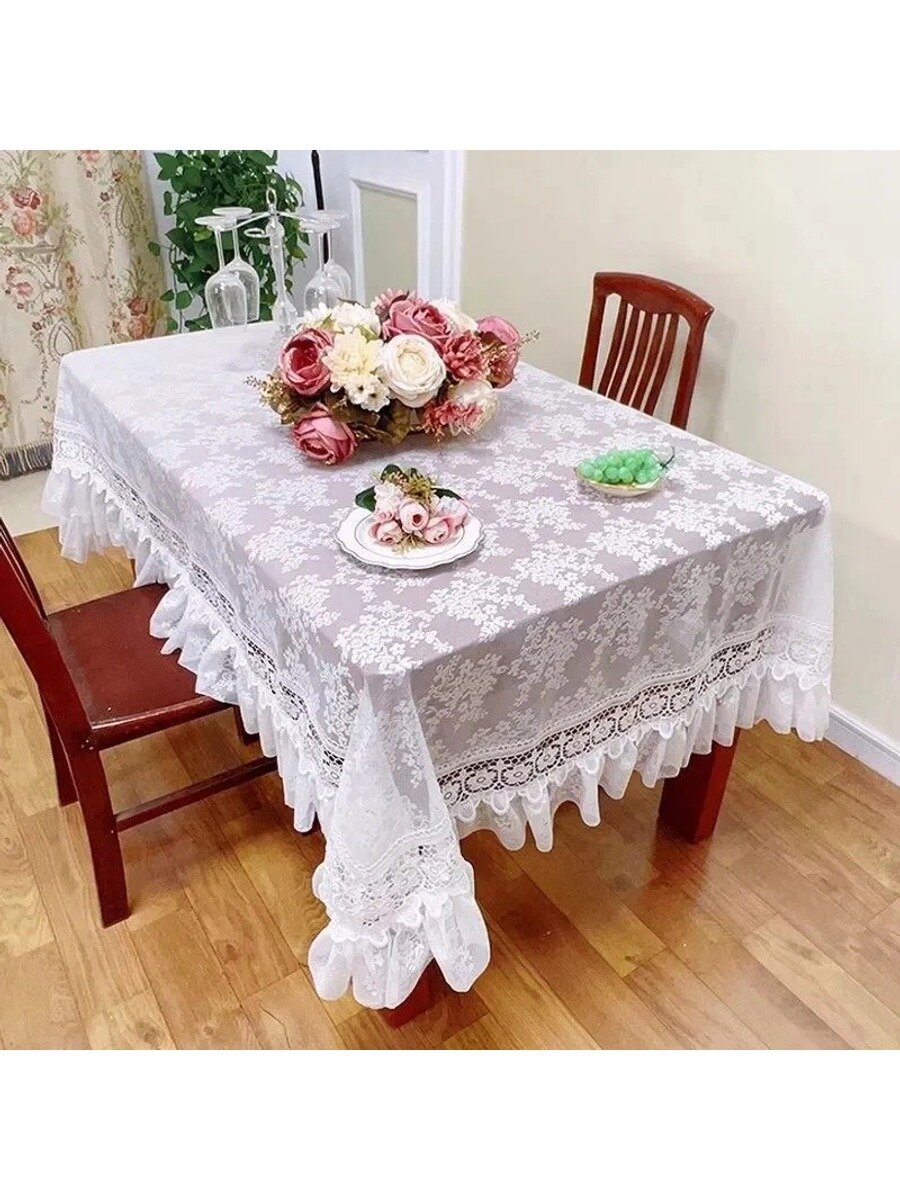 Скатерть Кружево 140x200 см, белая, с вышивкой и растительным принтом, в рулоне