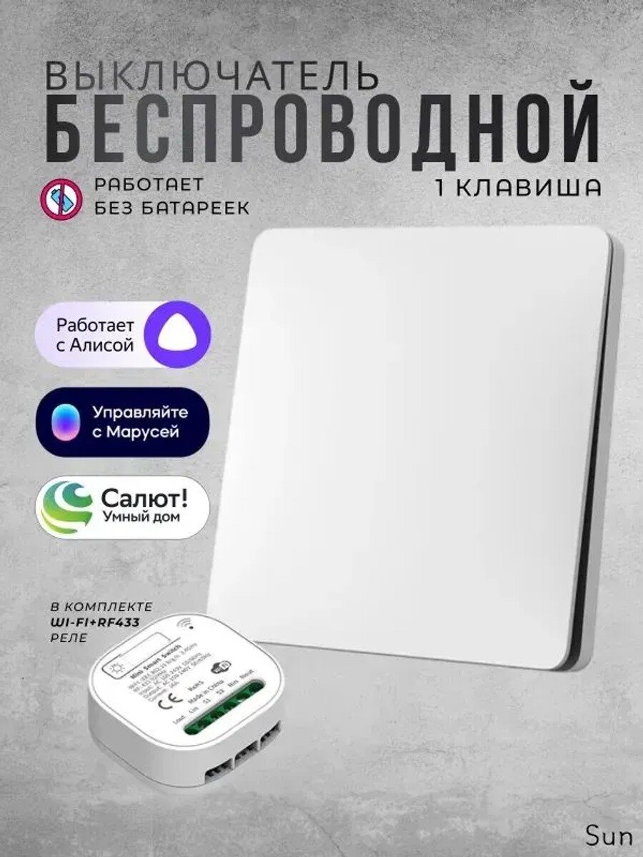 Беспроводной выключатель с Wi-Fi и RF433мГц одноклавишный, стандартное исполнение модели