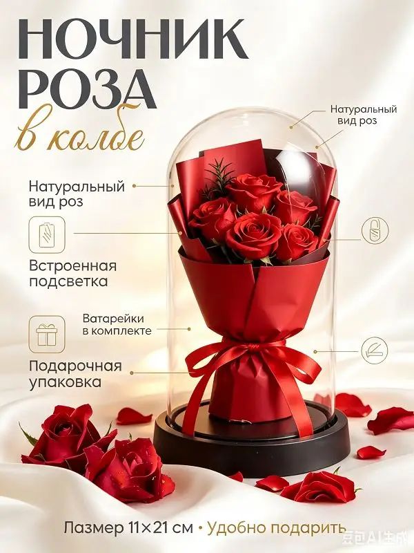 Ночник из роз в стеклянном куполе на день рождения