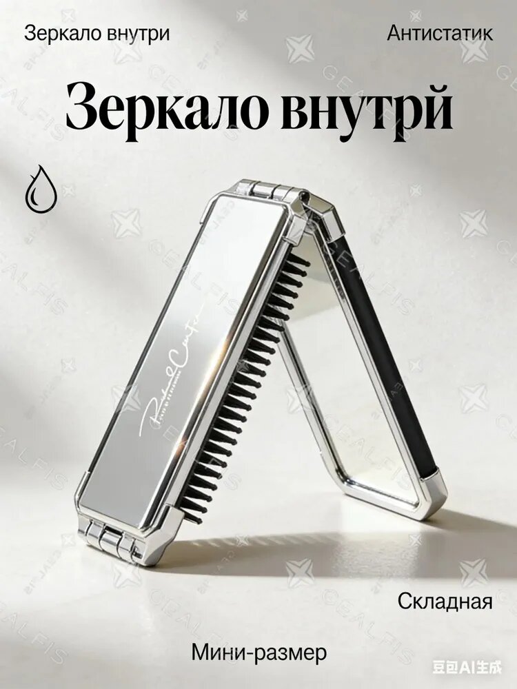 Складная щетка-массажер с зеркалом + Компактная дорожная расческа, антистатик + Для длинных и густых волос, карманное зеркальце, удобно в сумку, travel-аксессуар для женщин