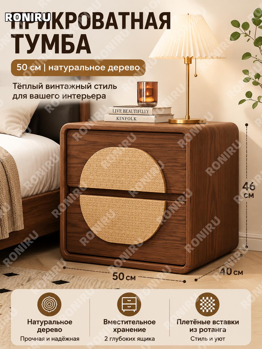 Прикроватная тумба 50 см 中古色 с каркасом из массива дерева и ящиком для хранения, ретро дизайн спальни для дома