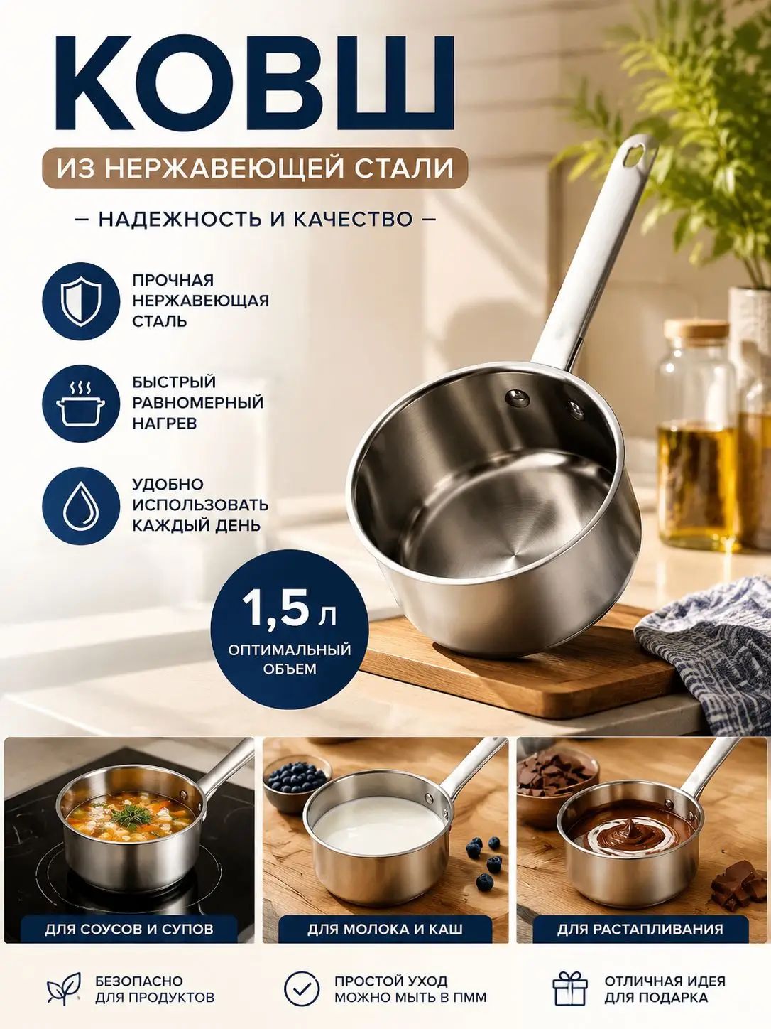 Кухонный ковш 1 л, нержавеющая сталь