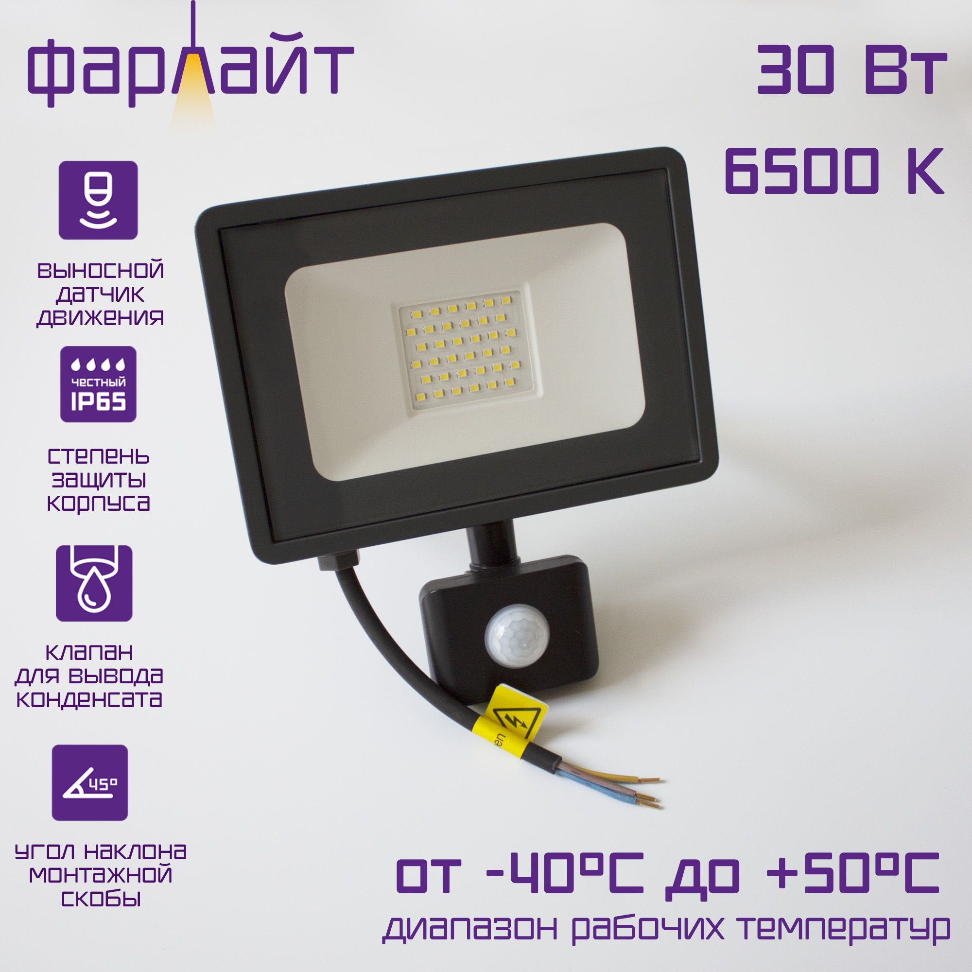 Прожектор светодиодный Фарлайт с датчиком движения, 30 Вт, IP65, 6500К