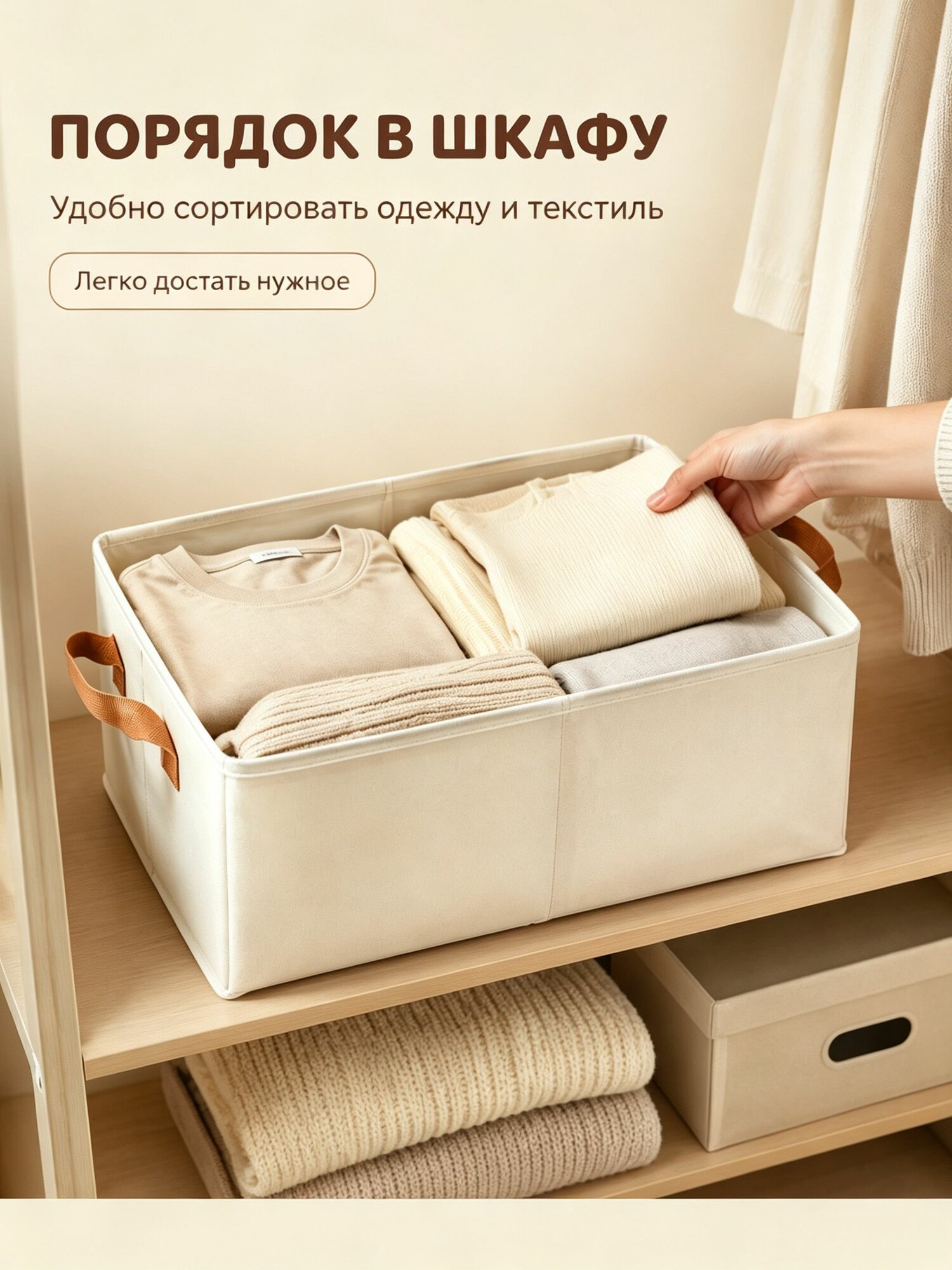 Корзина для хранения вещей 45х28х20 см, тканевая органайзер коробка для шкафа, стола, белья и одежды, хлопок лен, с ручками