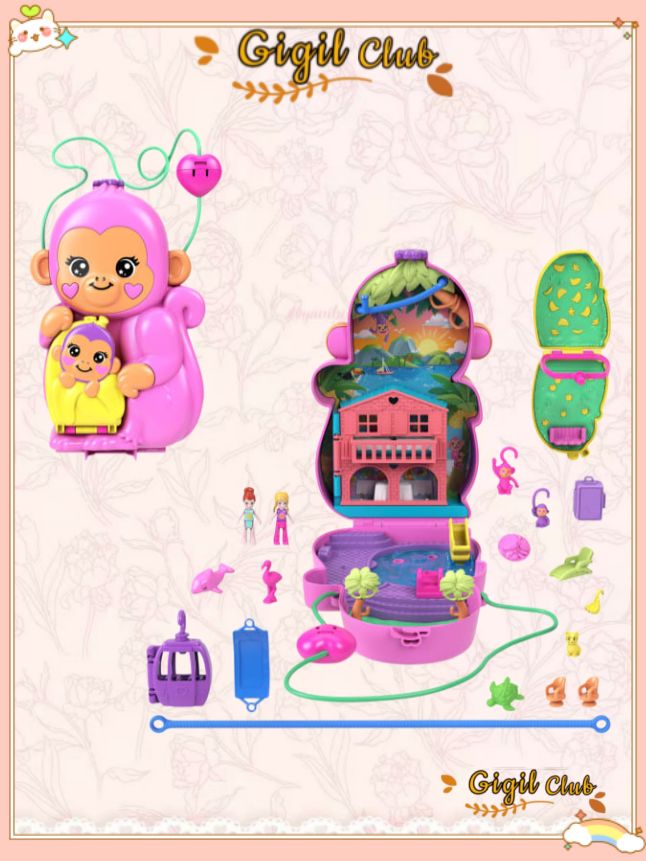 Игрушки Polly Pocket Polly Pocket Momma Monkey & Baby Playset With 2 Micro Dolls, Pets & 13 Accessories, 2-In-1 Purse & Toy