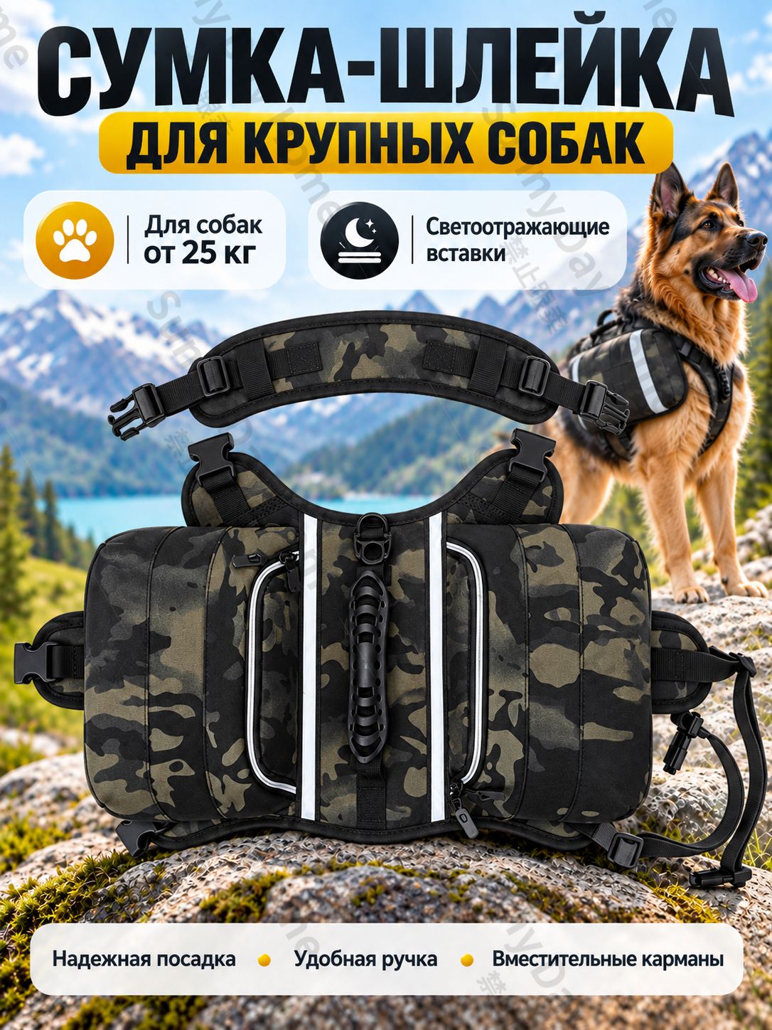 Рюкзак-шлейка для крупных собак от 25 кг с боковыми карманами и светоотражающими вставками