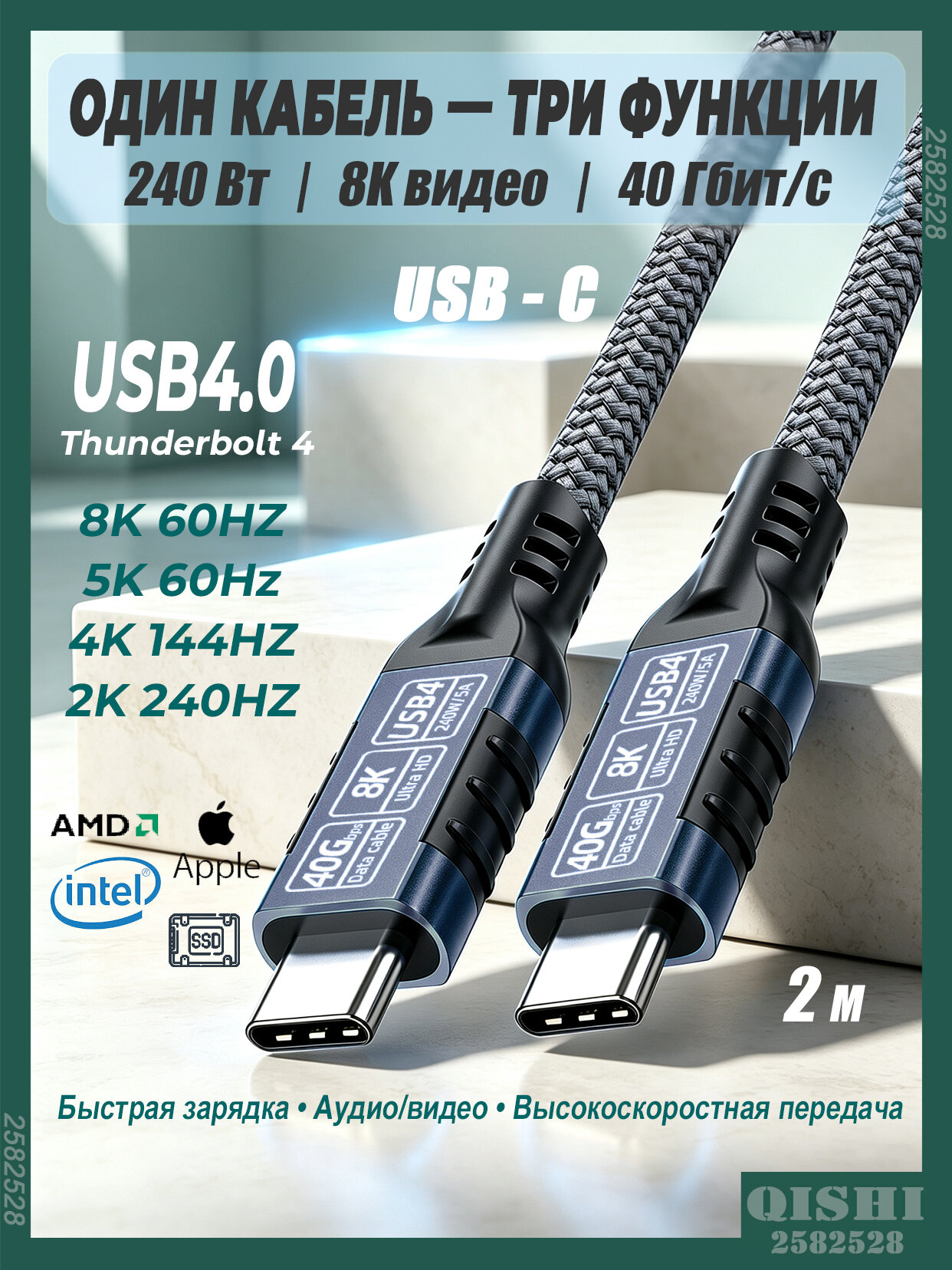 Кабель USB4 Type-C Thunderbolt 4 40 Гбит/с 240W 8K