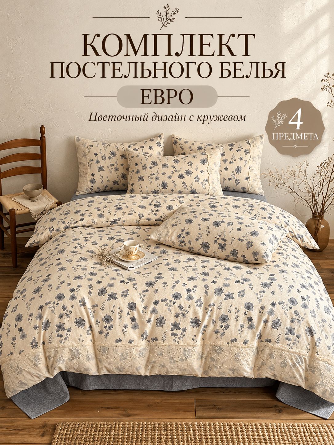Постельное белье для кровати 2 м, пододеяльник 220×240, простыня 240×245, кружевая отделка