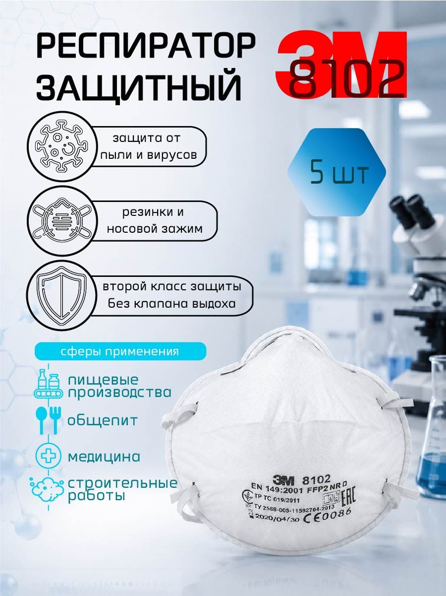 Респиратор (полумаска) 3м 8102 чашеобразный без клапана выдоха, ffp2, 5 шт, для защиты органов дыхания по назначению