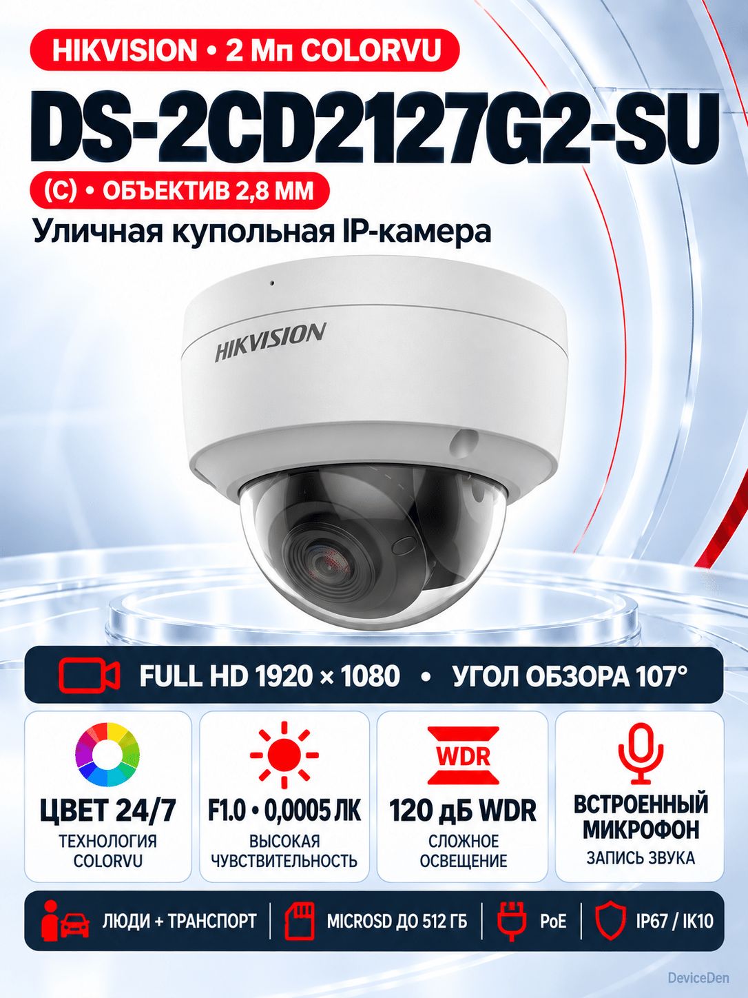 Hikvision DS-2CD2127G2-SU(C)(2.8mm) - 2 Мп уличная купольная IP-камера, объектив 2,8 мм, встроенный микрофон, классификация людей и транспорта, PoE