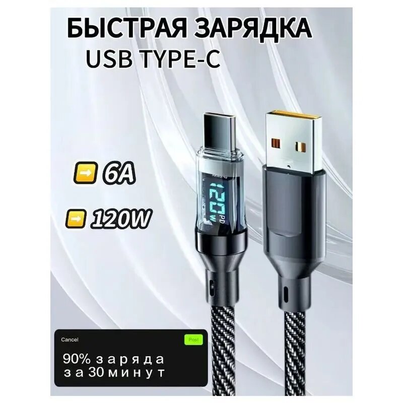 Сетевой кабель питания USB Type-C/USB 2.0 Type-A, 2 м, черный
