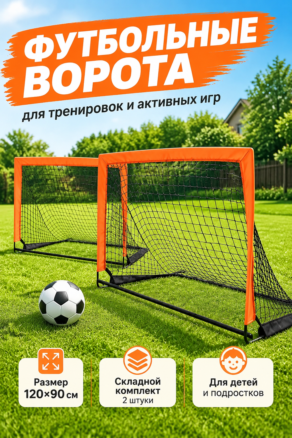 Детские мини-ворота для футбола 120 × 90 см, складной комплект из 2 штук
