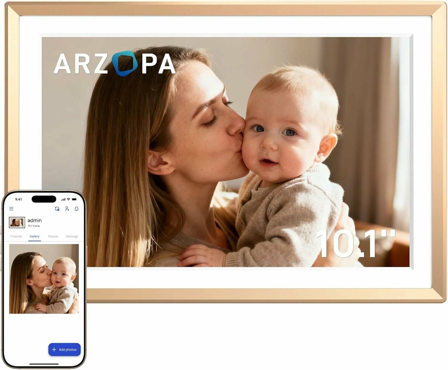 Цифровая фоторамка Arzopa D10 Brown Wi-Fi, 10,1-дюймовый сенсорный экран IPS, разрешение 1280x800