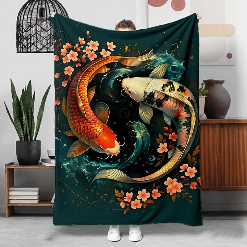 Фланелевый плед 1 шт, 70x100 см, с изображением двух карпов кои, играющих в воде, и венка из цветов сакуры, мягкий, теплый, дышащий, всесезонный, с односторонней цифровой печатью, для дивана и кровати