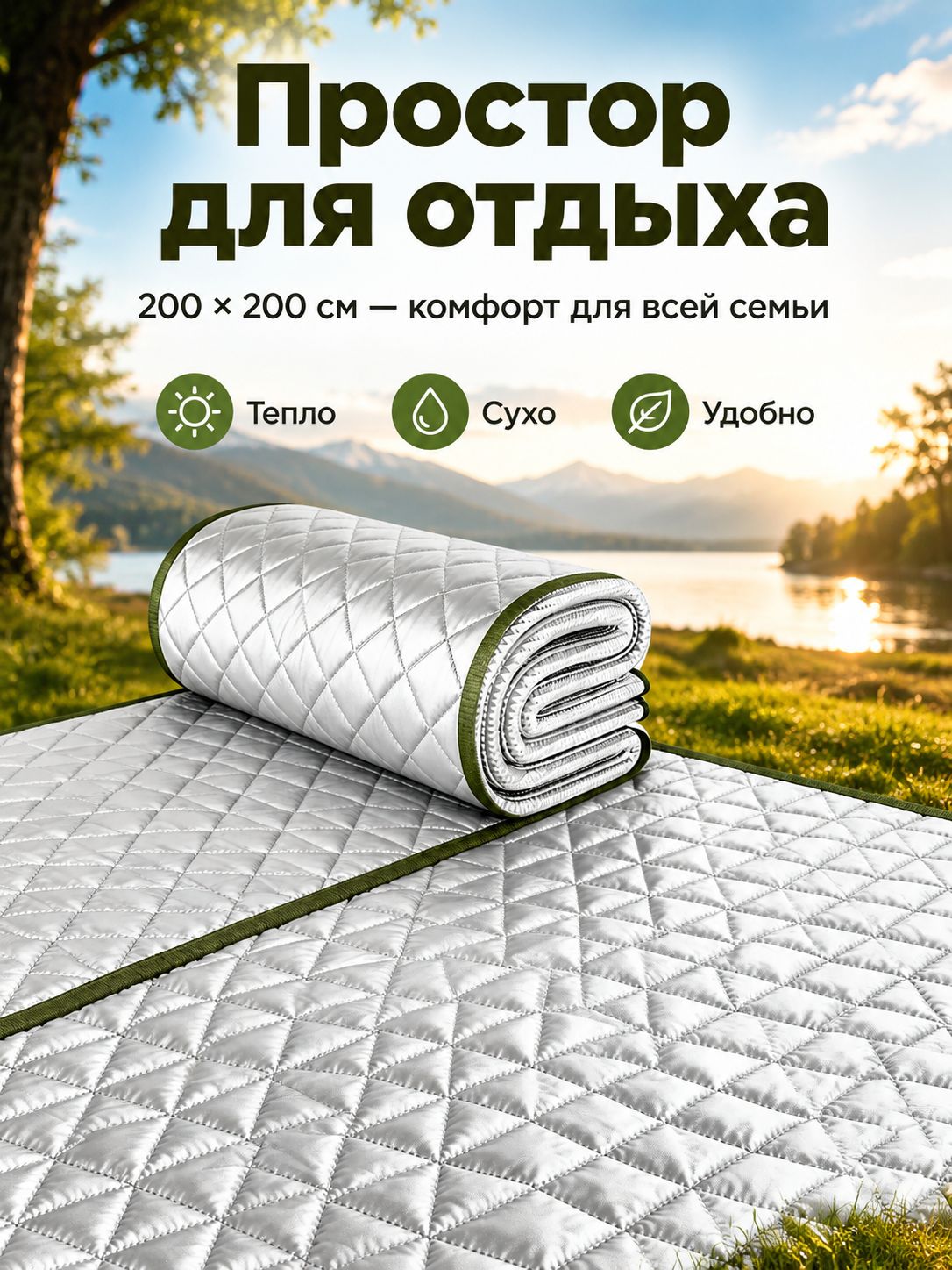 Алюминиевый коврик для пикника и под палатку 200х200 см, толщина 3 мм, водонепроницаемый, с чехлом Описание товара
