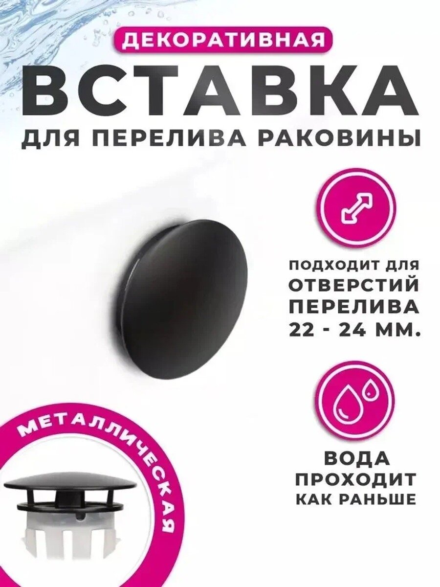 Декоративная заглушка для перелива раковины, черная, 2 шт, для отверстий 22-24