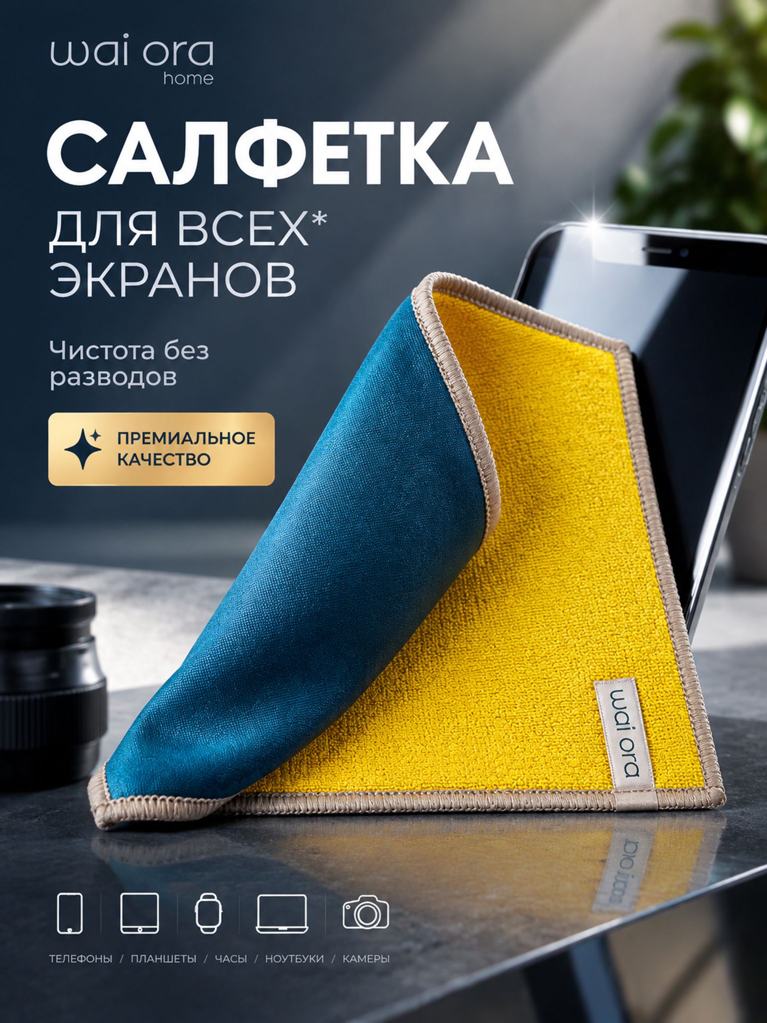 Салфетка для монитора, телефона, телевизора, оптики, из микрофибры, 20х15 см, 1 шт