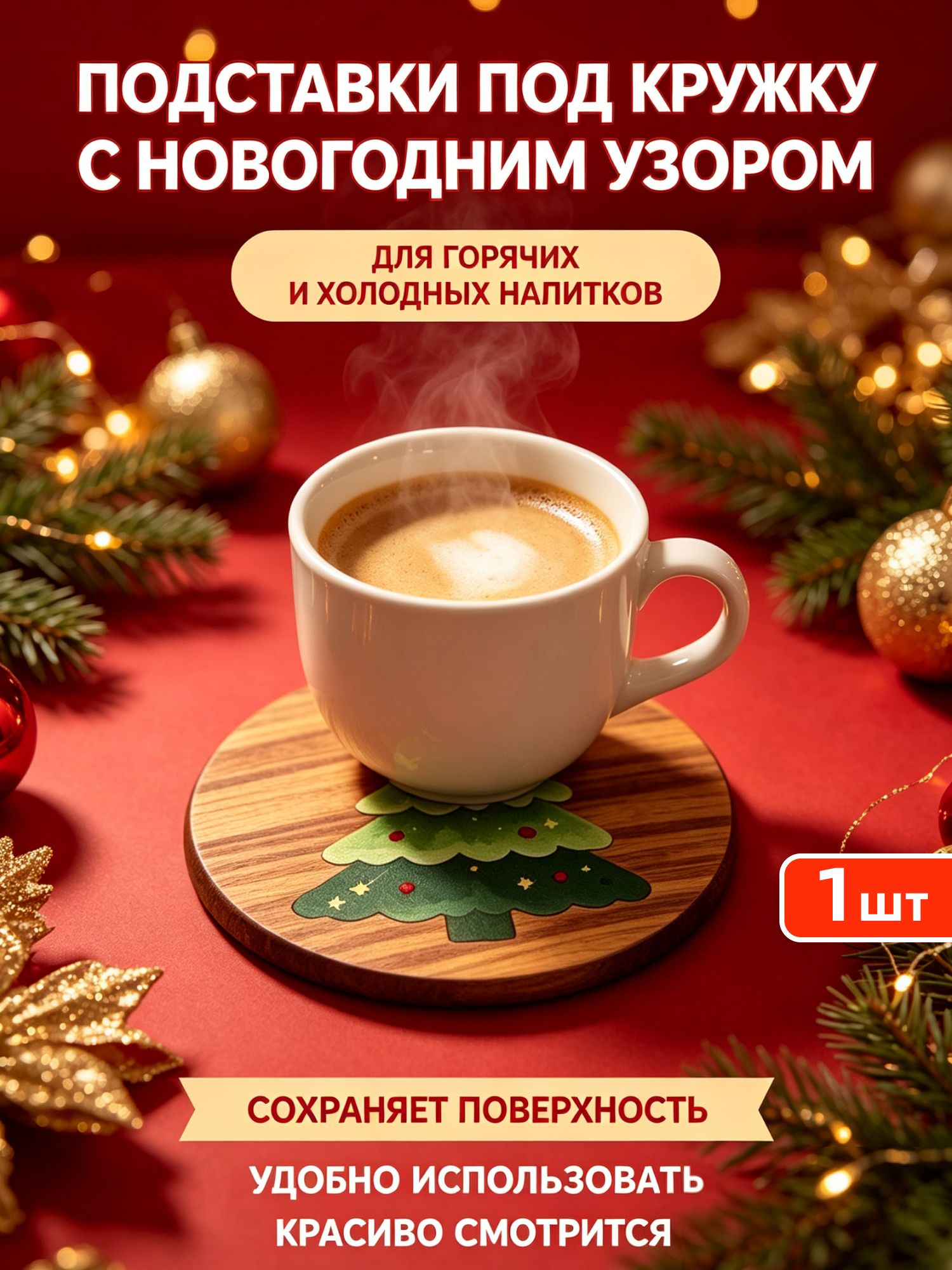 Новогодняя подставка под кружку из бука с рисунком ёлки, диаметр 10 см, толщина 5 мм 1 шт