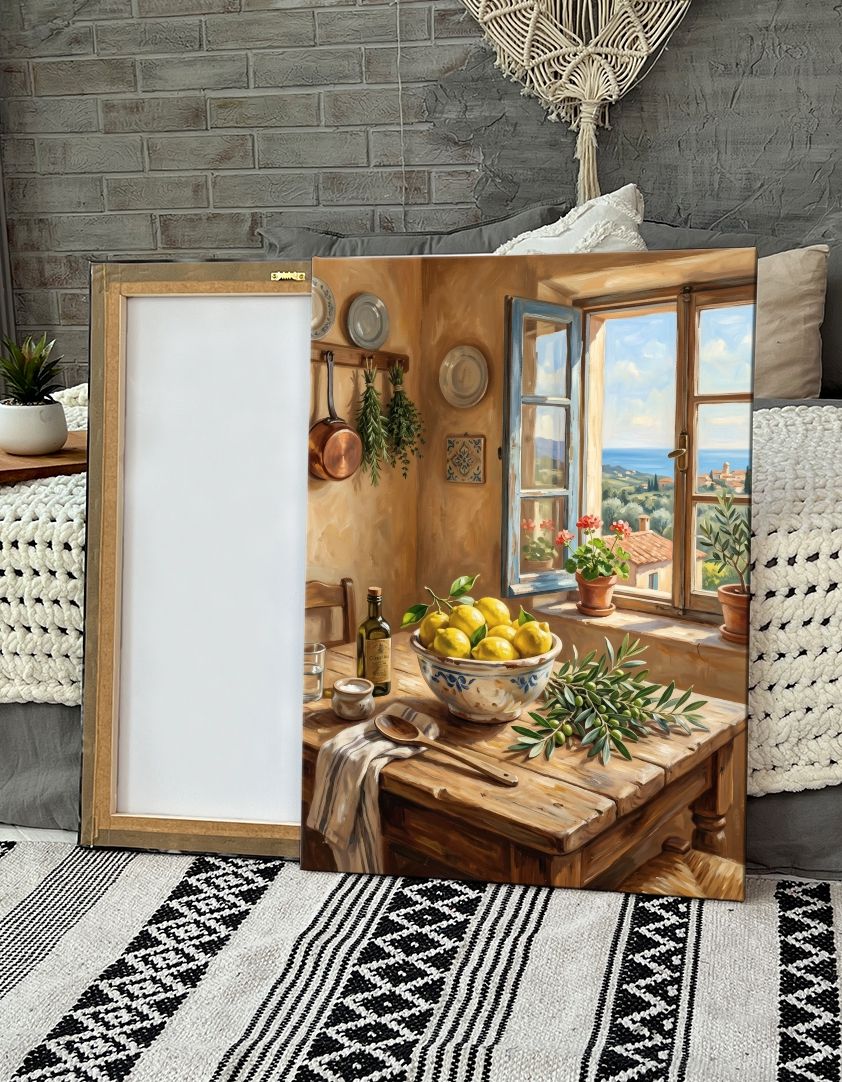 Картина на холсте (прованс, кухня, окно, лимон, лимоны, миска, оливки) 40x60 см. Интерьерная на стену. Украшение в комнату. В подарок.