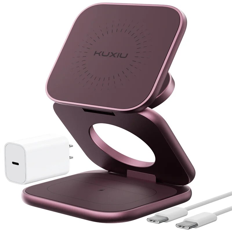 KUXIU X40 Turbo Qi2.2, ярко-красный цвет, 25 Вт, 3-в-1, складная беспроводная Cherry Red EU Plug