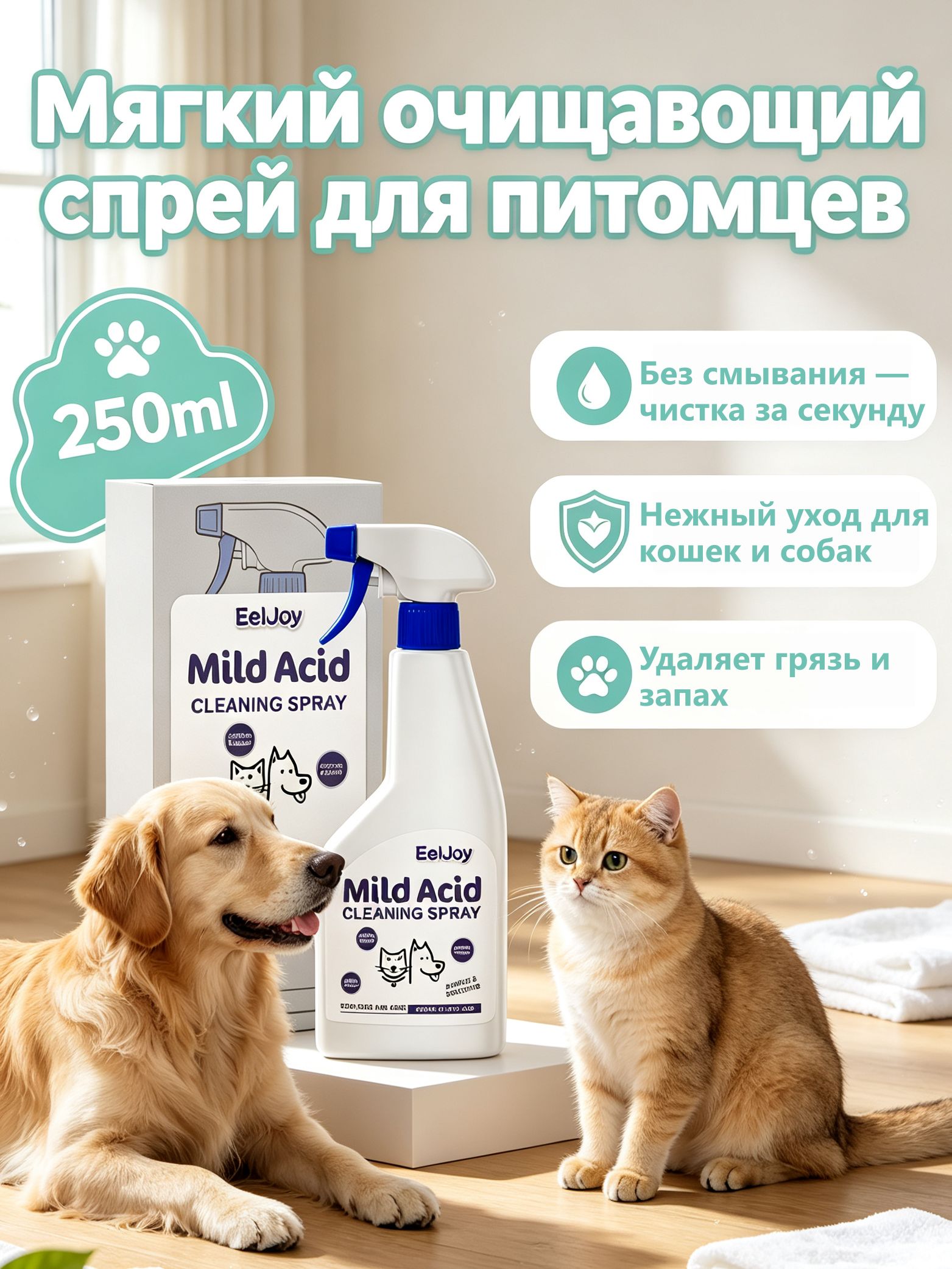 EelJoy Очищающий спрей для кошек и собак, Мягкая формула без смывания, увлажнение и удаление запаха, уход за шерстью и лапами, 250 мл
