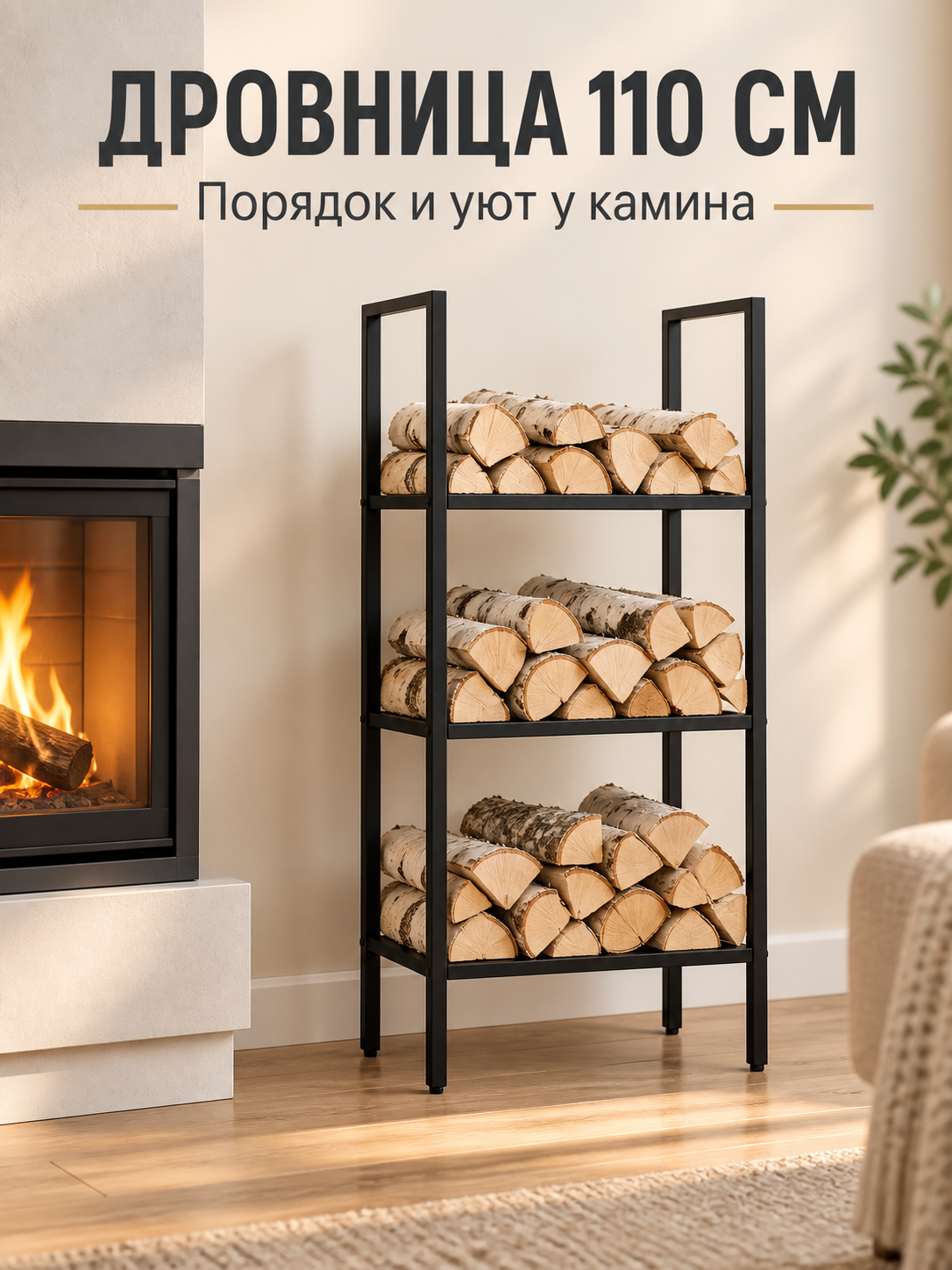 Дровница металлическая напольная AlisMi в стиле лофт, для камина и печи, 54х30х110 см, чёрная