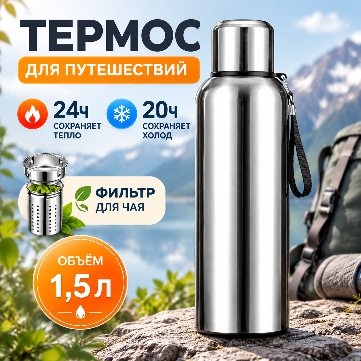 Термос 1,5 л вакуумный нержавеющий с ситечком и крышкой-чашкой, тепло 24ч холод 20ч, для дома и дороги, серебристый