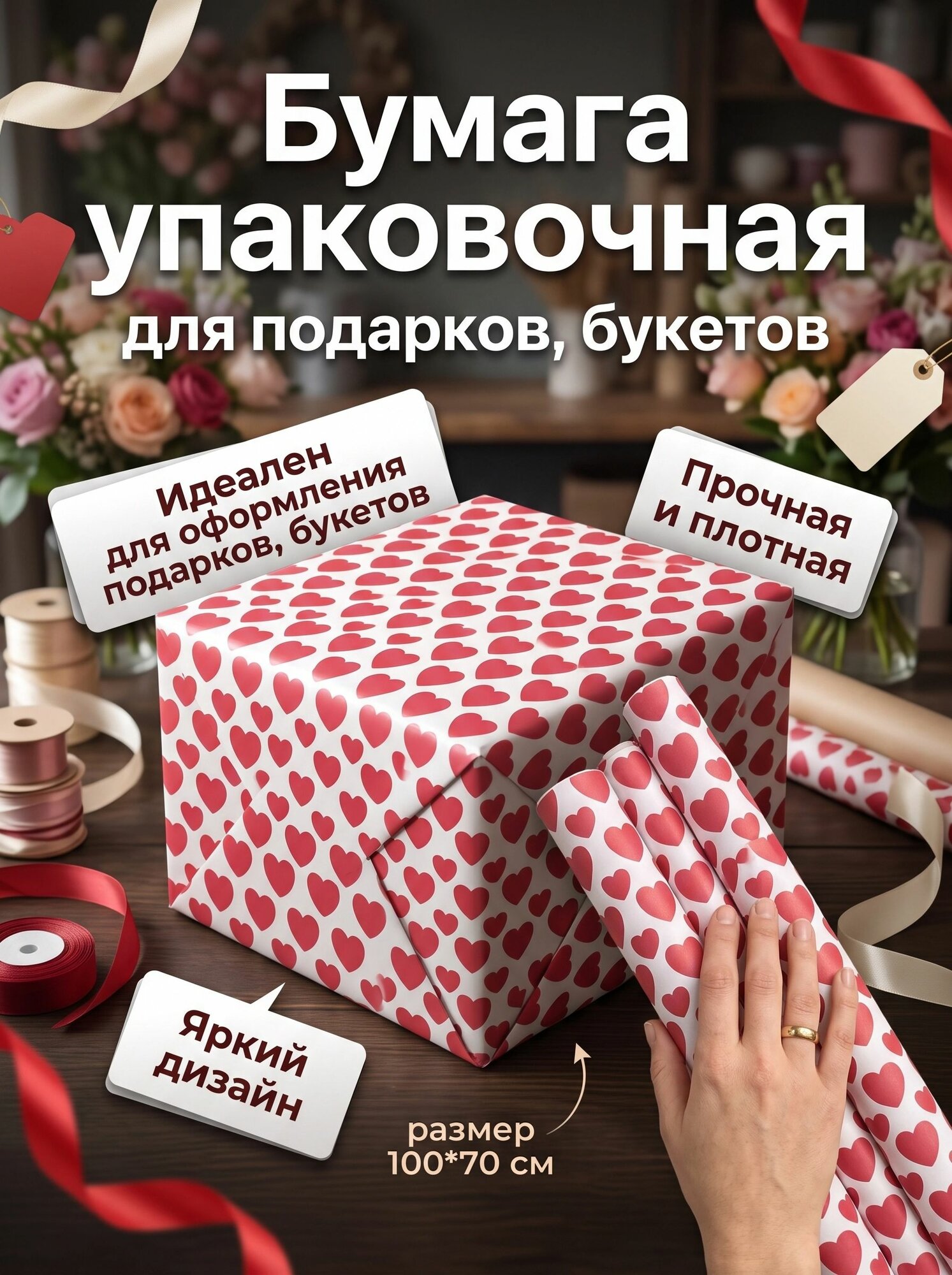 Бумага подарочная, упаковочная Сердечки 100*70 см