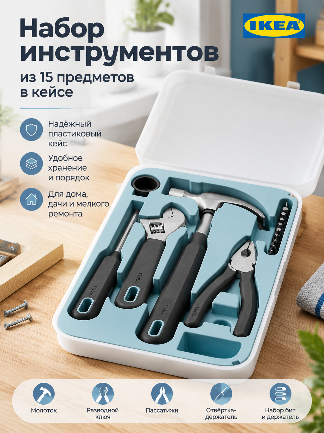 Набор инструментов из 15 предметов в кейсе — молоток, разводной ключ, пассатижи, биты и отвёртка