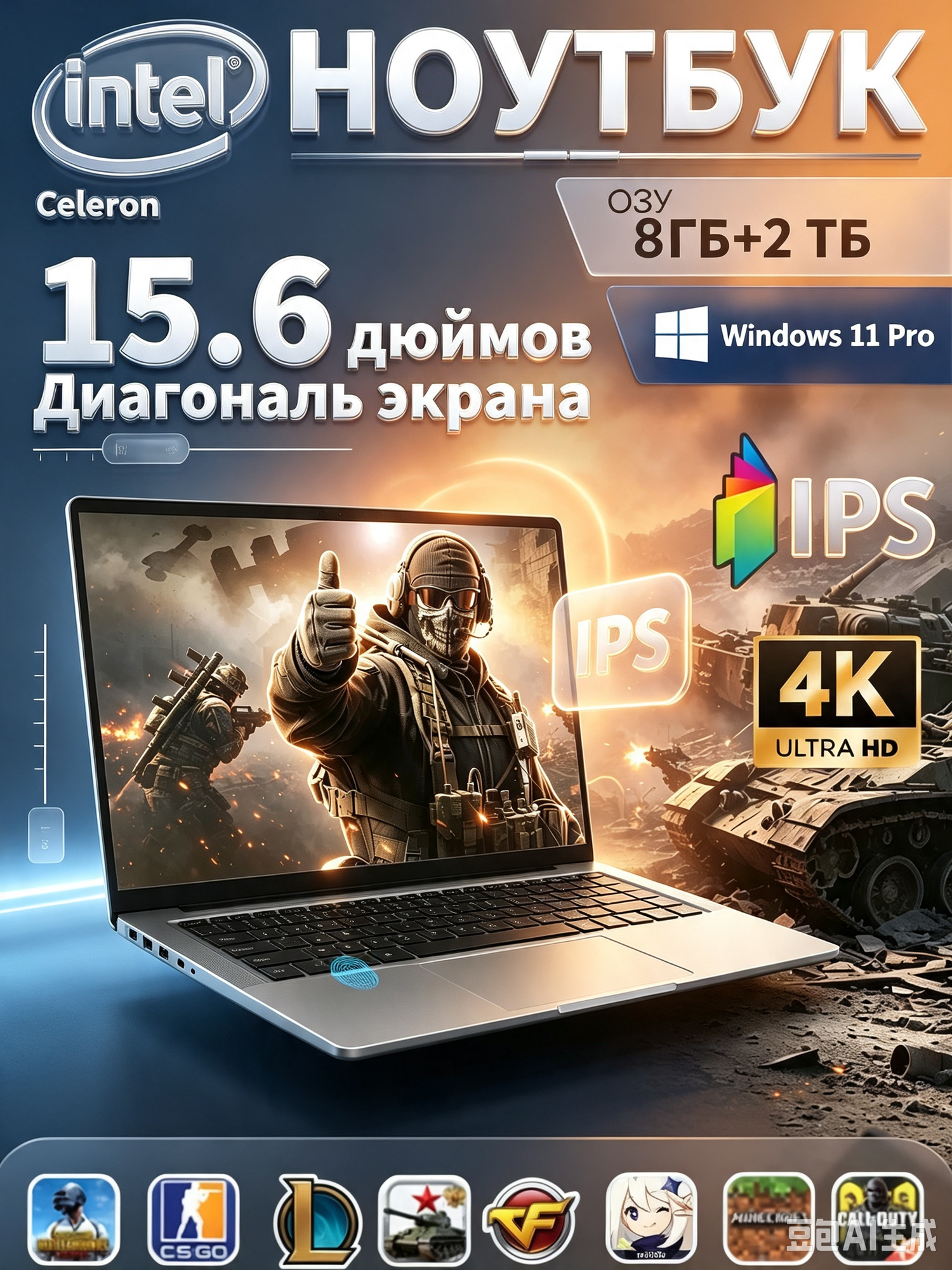 Ноутбук, Intel Celeron, 8GB RAM, 2TB SSD, Windows 11, IPS, 15,6", серый